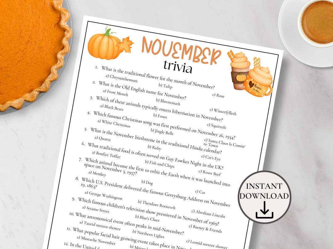 November Trivia Game, Printable Monthly Trivia Game, Family Fall Game ...