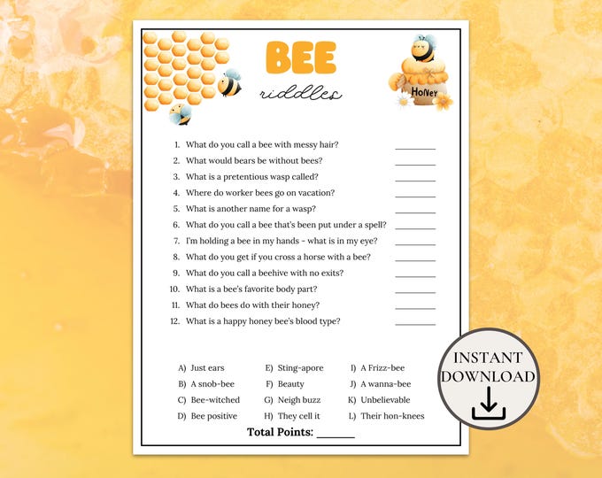 Bee Riddles, Fun Printable Party Game for Kids and Adults, Bee Theme ...