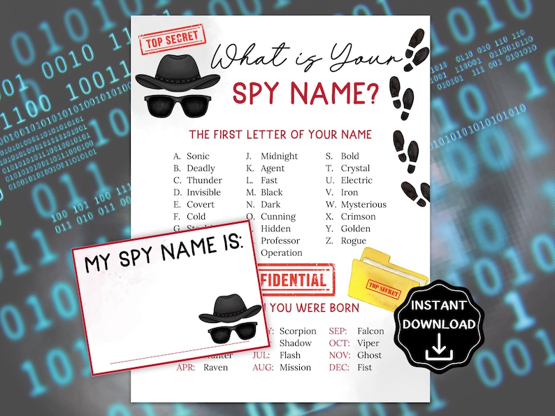 What's Your Spy Name Game With Name Tags, Spy Themed Party Game for ...