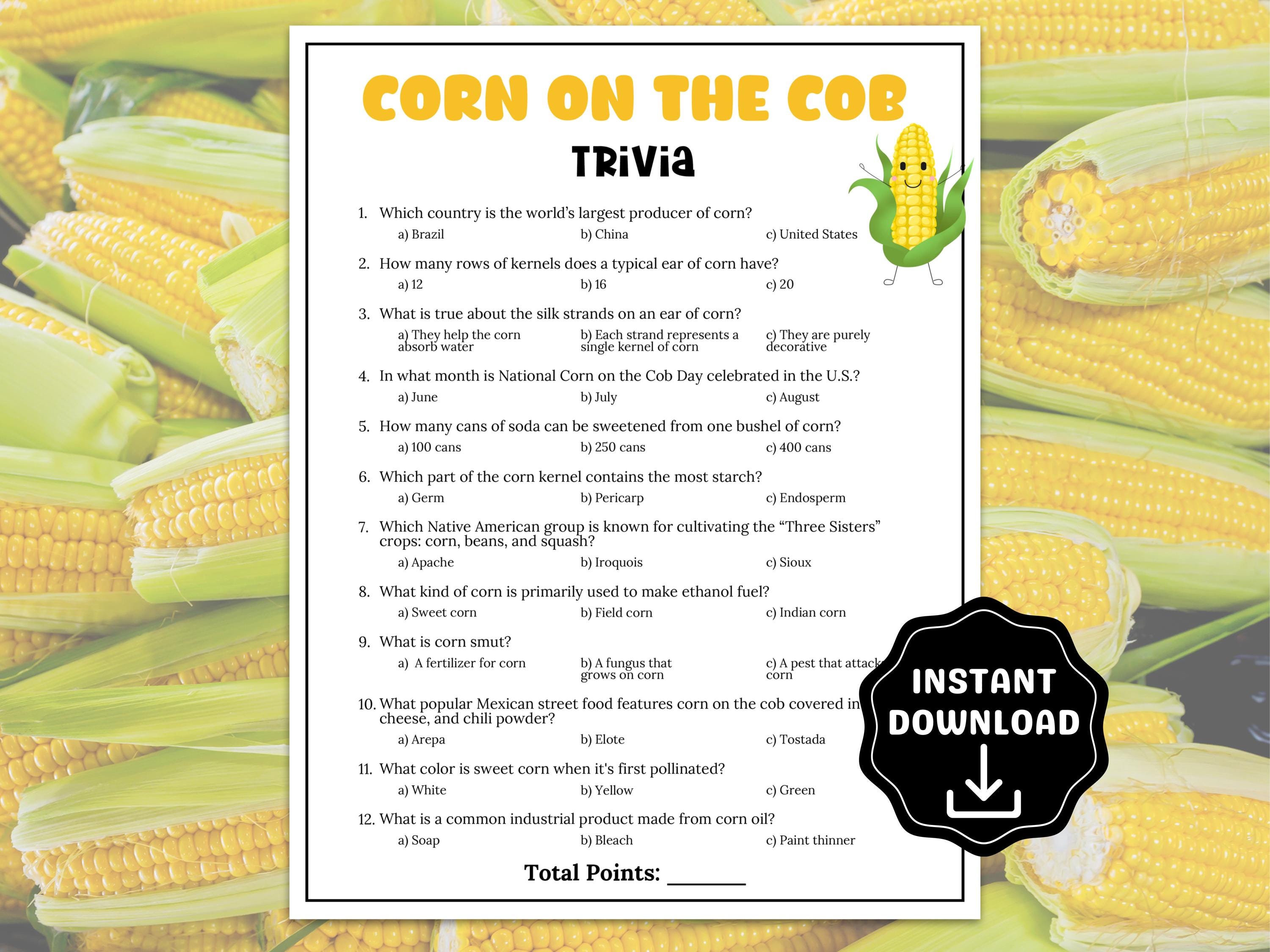 Corn on the Cob Trivia Game, Corn on the Cob Day Activity, Corn Party ...