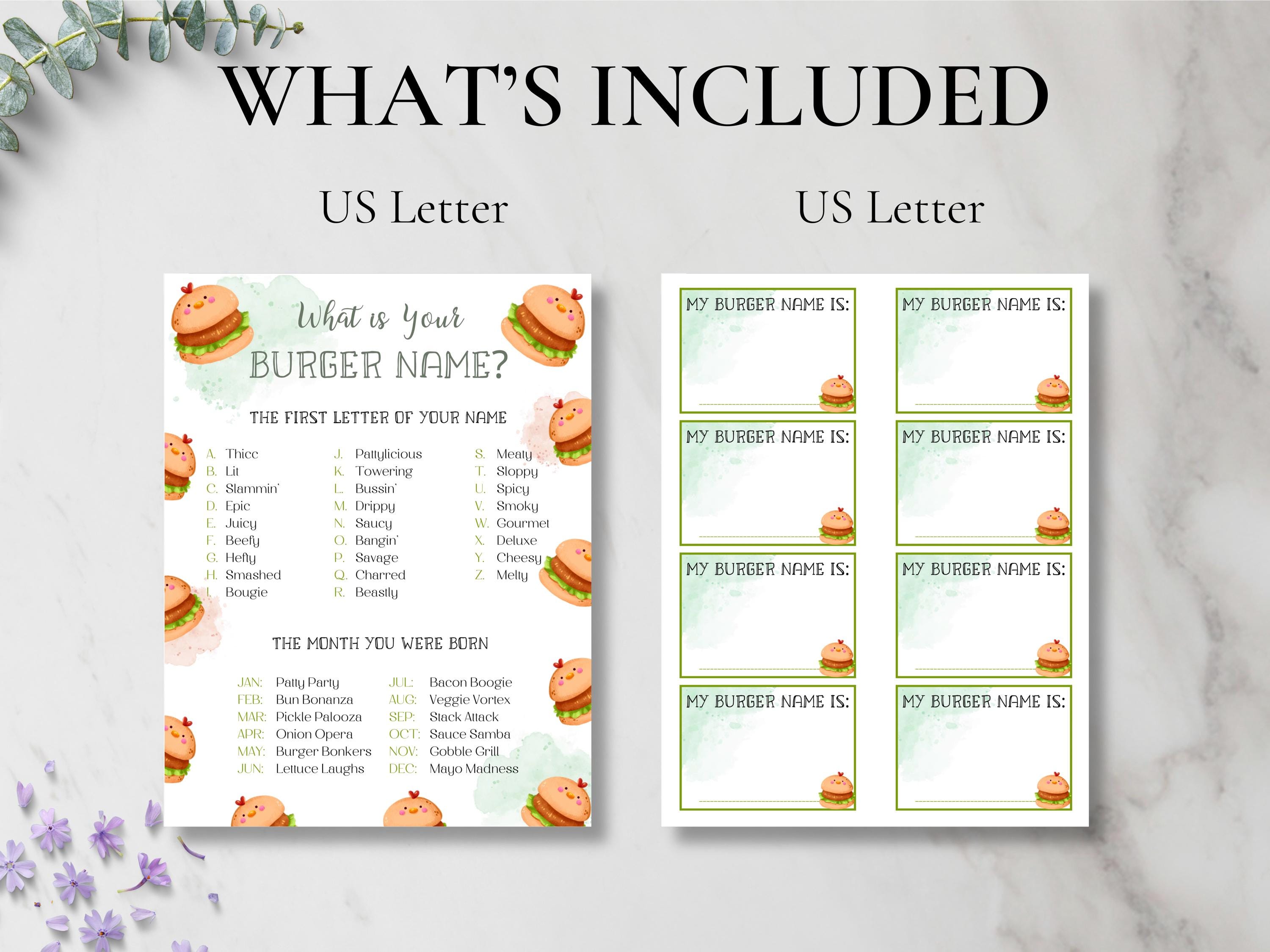 What's Your Burger Name With Name Tags, BBQ Party Game, BBQ Baby Shower ...