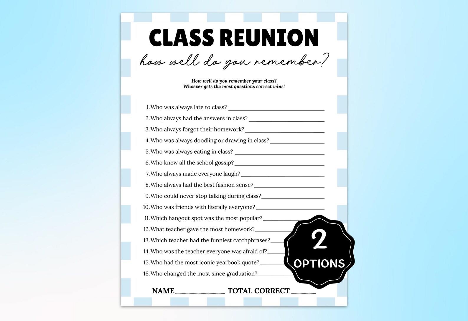 Class Reunion Trivia Game, Class Reunion Games, High School Reunion ...