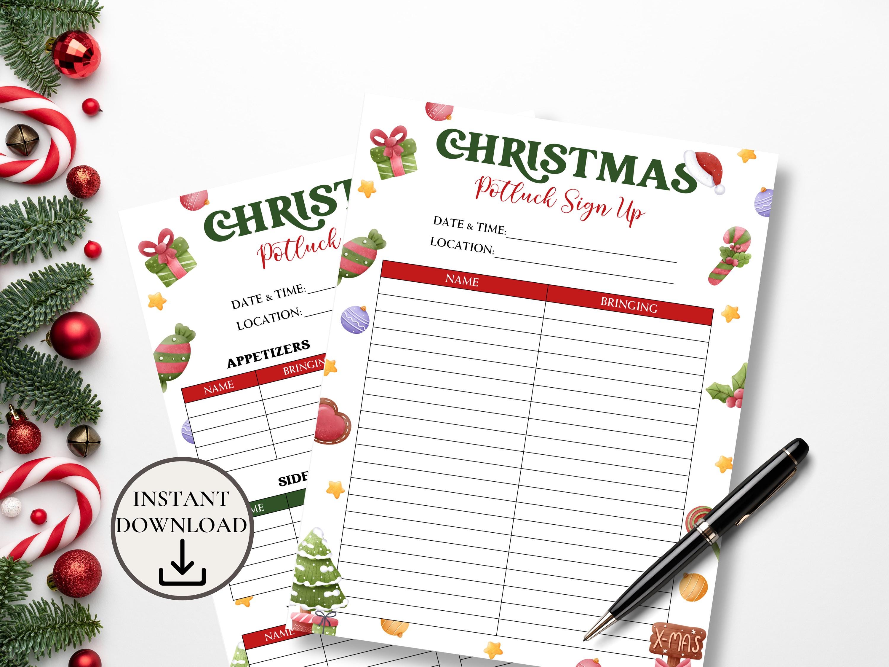 Christmas Party Potluck Sign up Sheet, Holiday Potluck Sign up Sheet ...