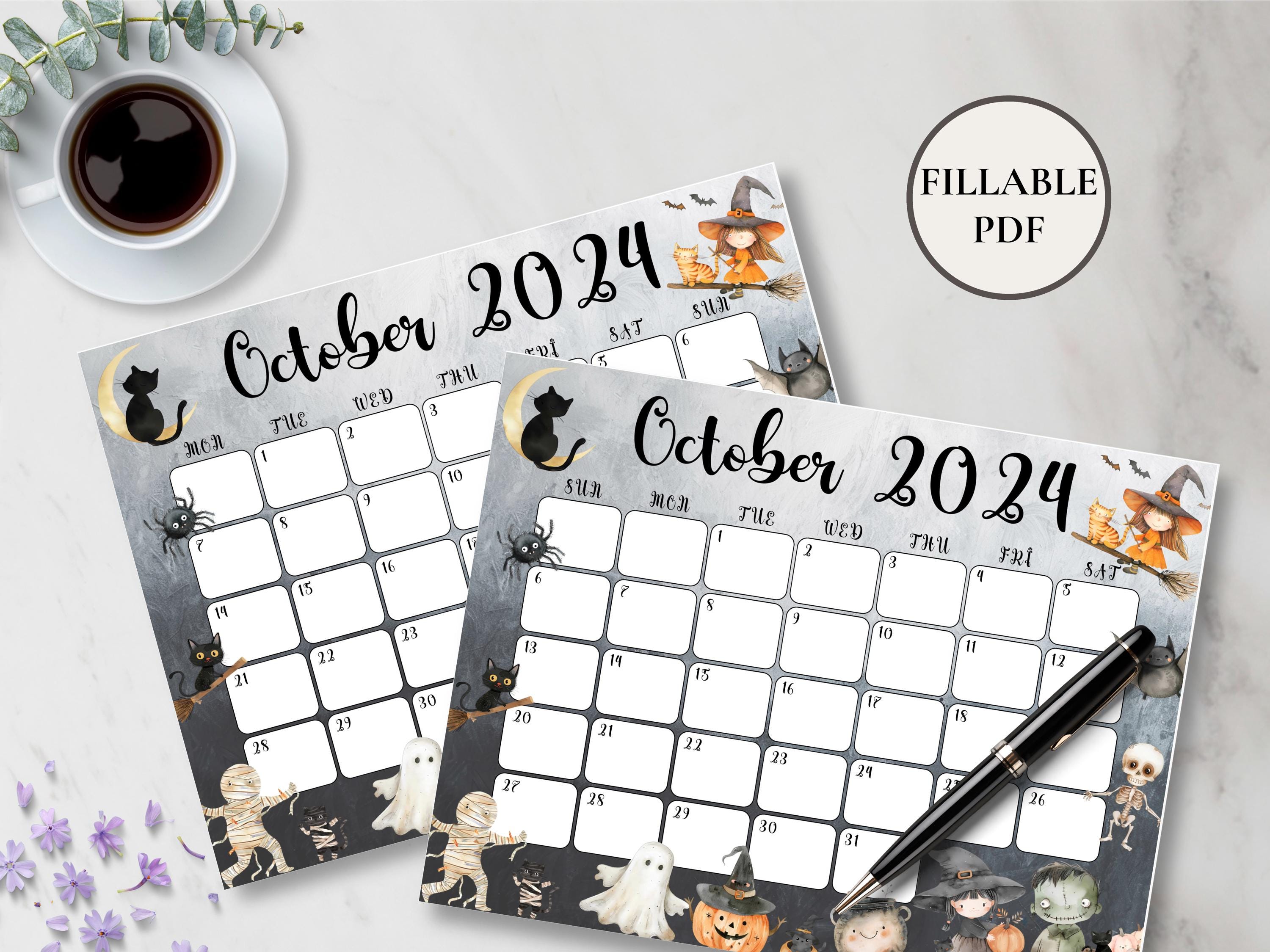 FILLABLE October 2024 Calendar, Printable 2024 Halloween Calendar ...