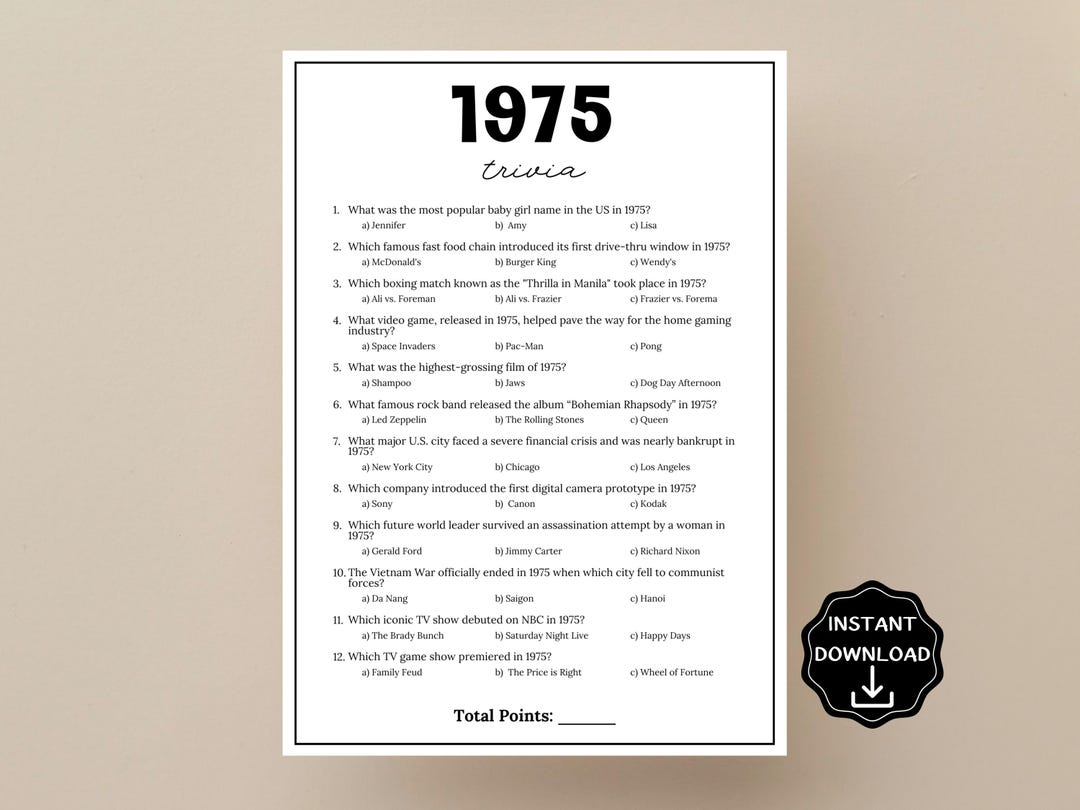 1975 Trivia Game, 50th Birthday Games, Born in 1975 Games, 1975 Class ...