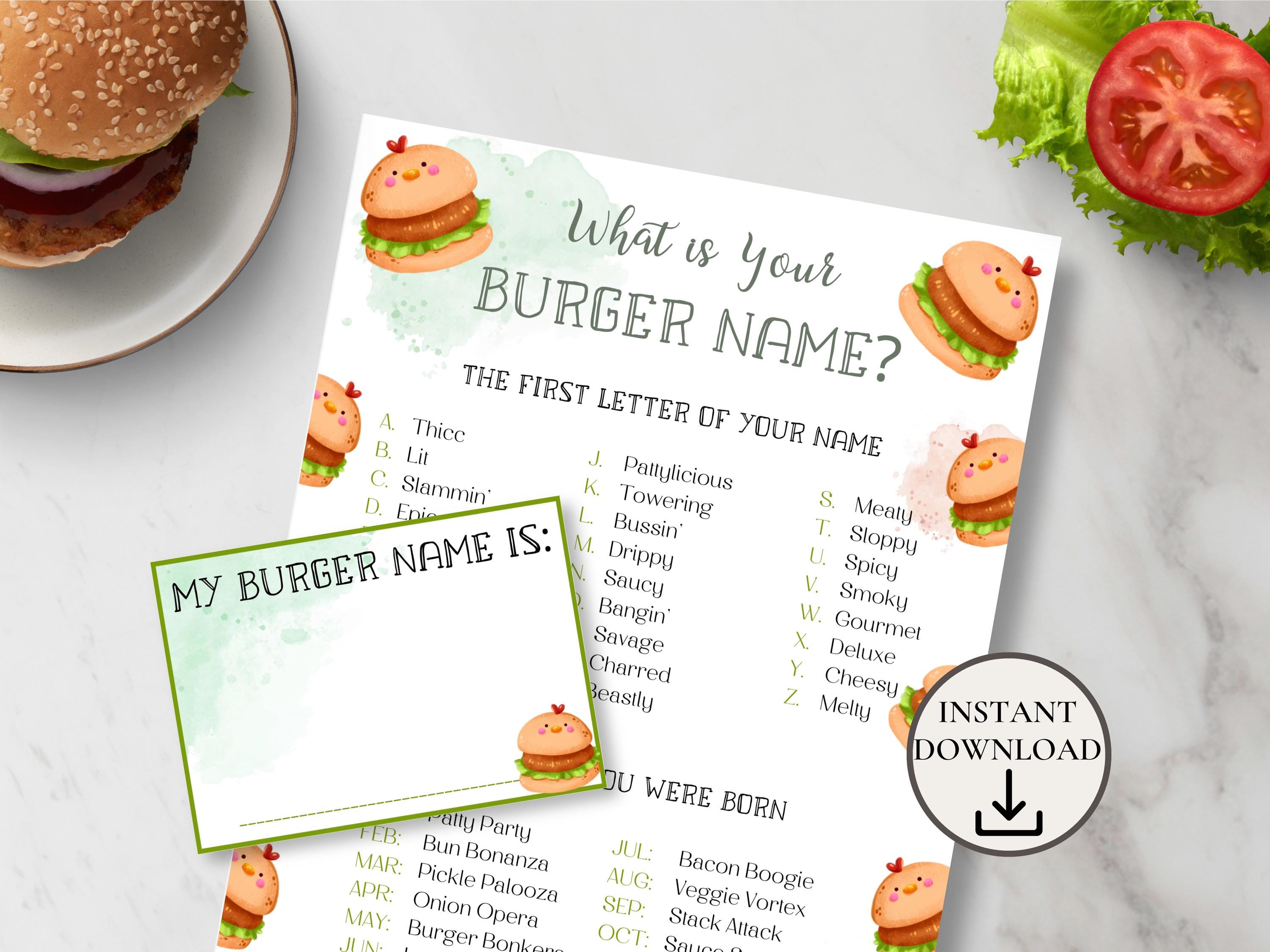 What's Your Burger Name With Name Tags, BBQ Party Game, BBQ Baby Shower ...
