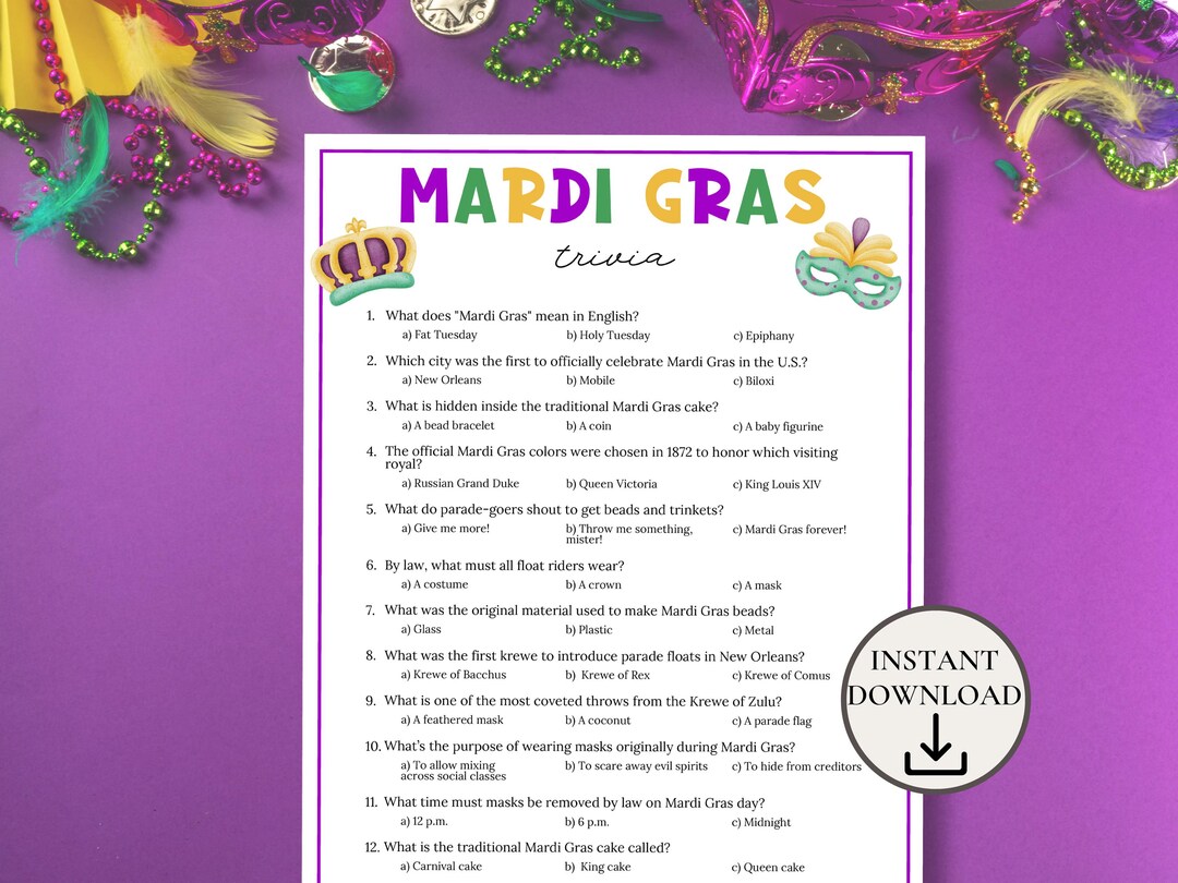 Mardi Gras Trivia Game, Mardi Gras Party Games for Adults & Kids, Mardi ...