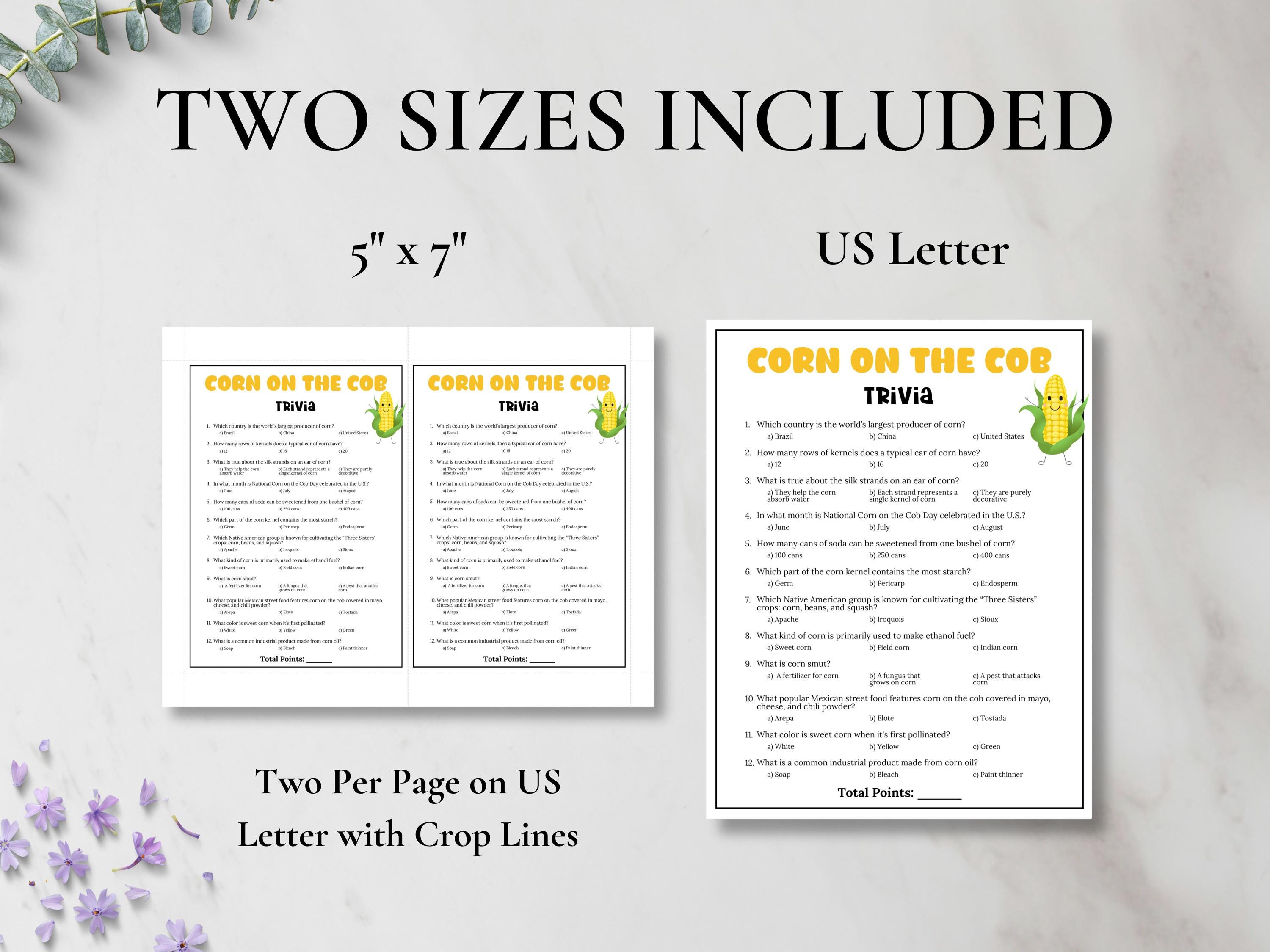 Corn on the Cob Trivia Game, Corn on the Cob Day Activity, Corn Party ...