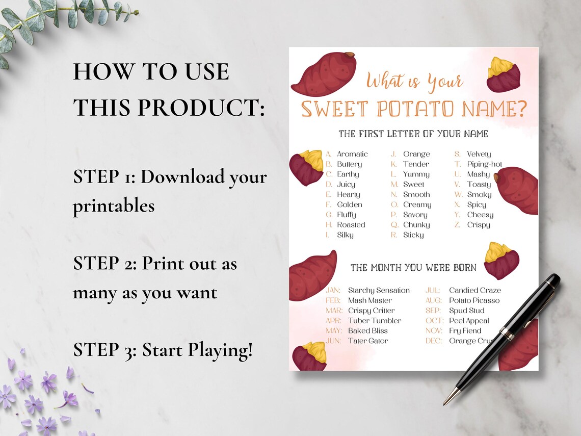 What's Your Sweet Potato Name Game With Name Tags, Friendsgiving Party ...
