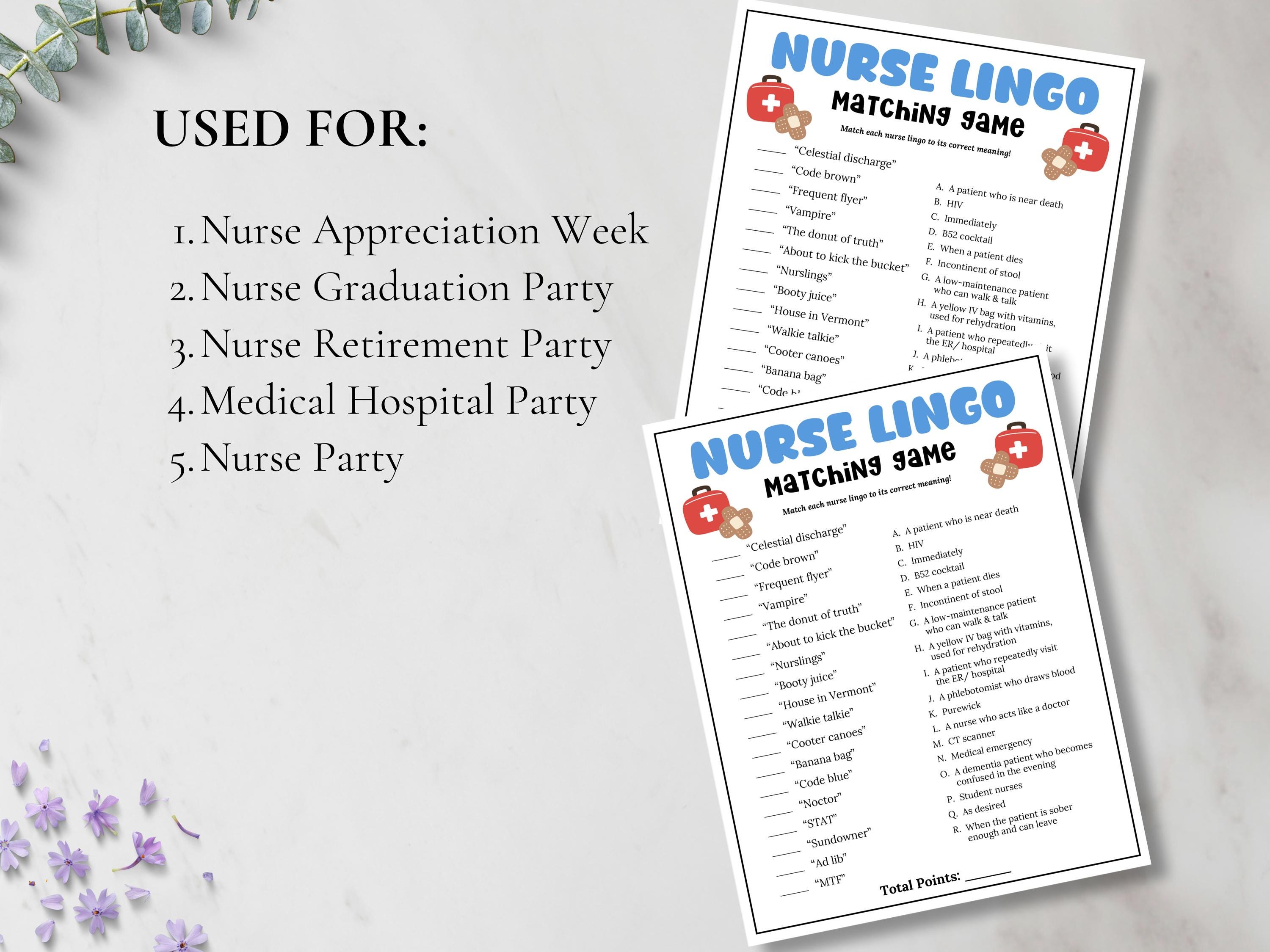 Nurse Party Game, Nurse Slang Matching Game, Nurse Appreciation Week ...