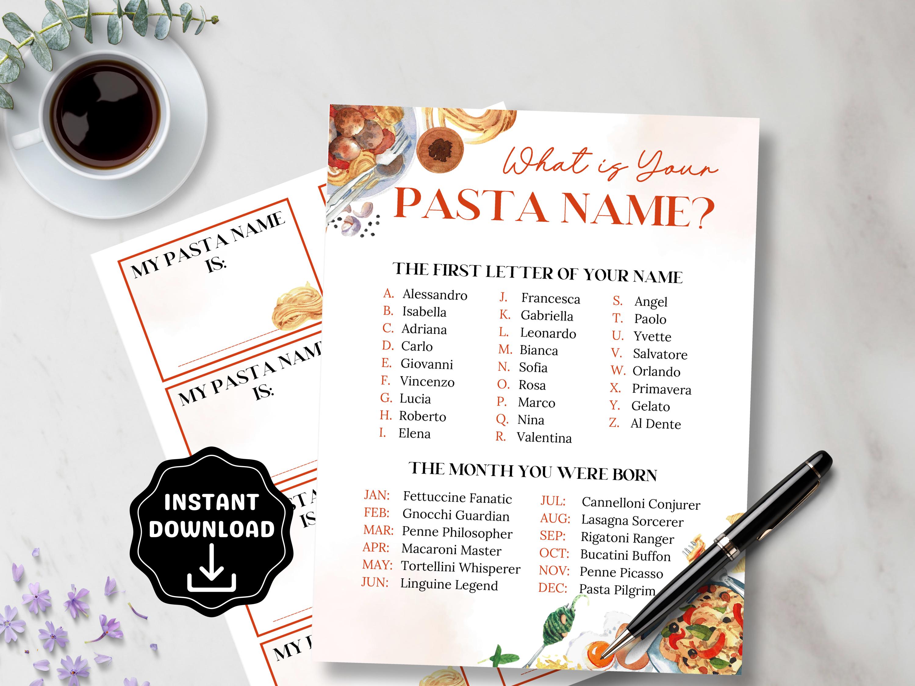 What's Your Pasta Name With Name Tags, Pasta Games for Kids&adults ...