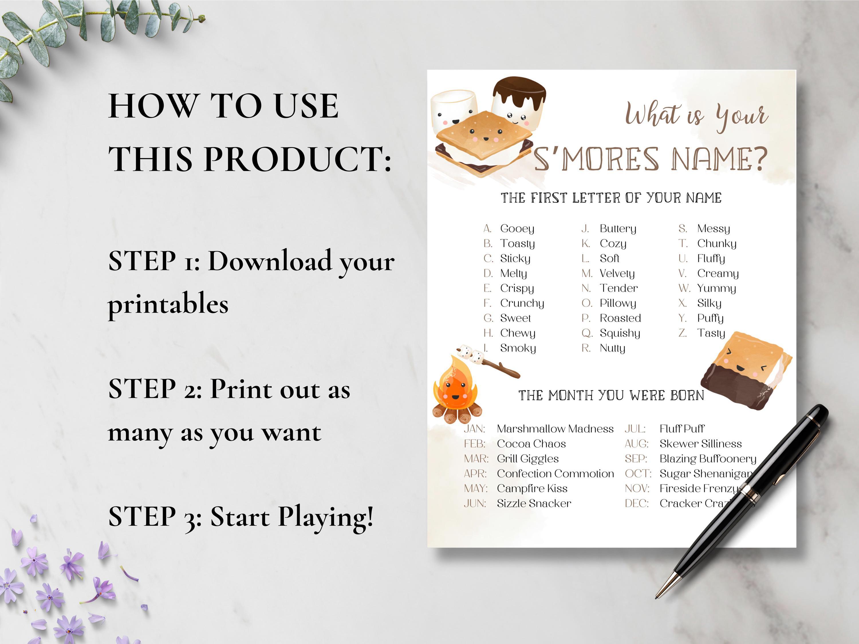 What's Your S'mores Name With Name Tags, Printable S'mores Party Game ...