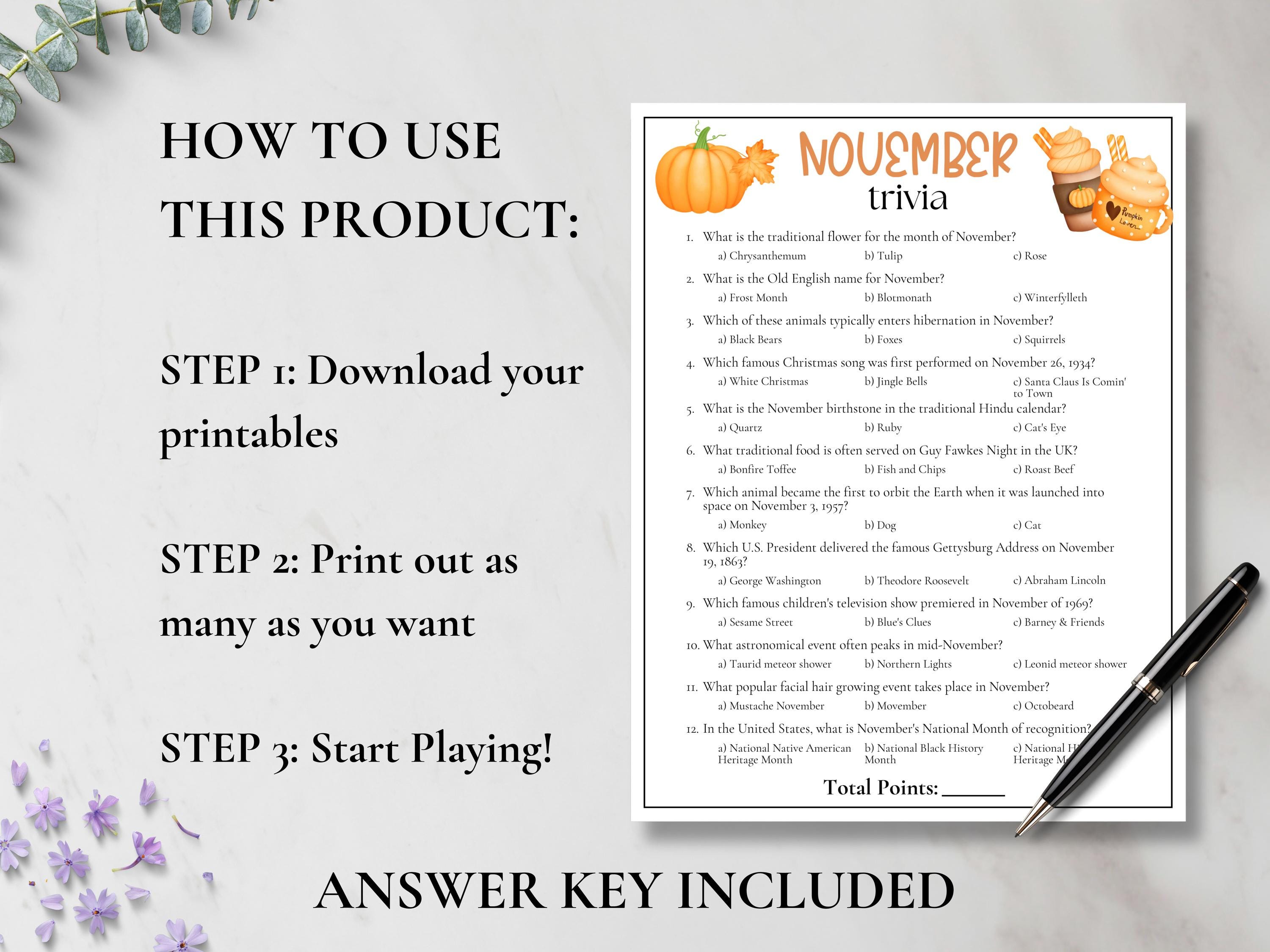 November Trivia Game, Printable Monthly Trivia Game, Family Fall Game ...