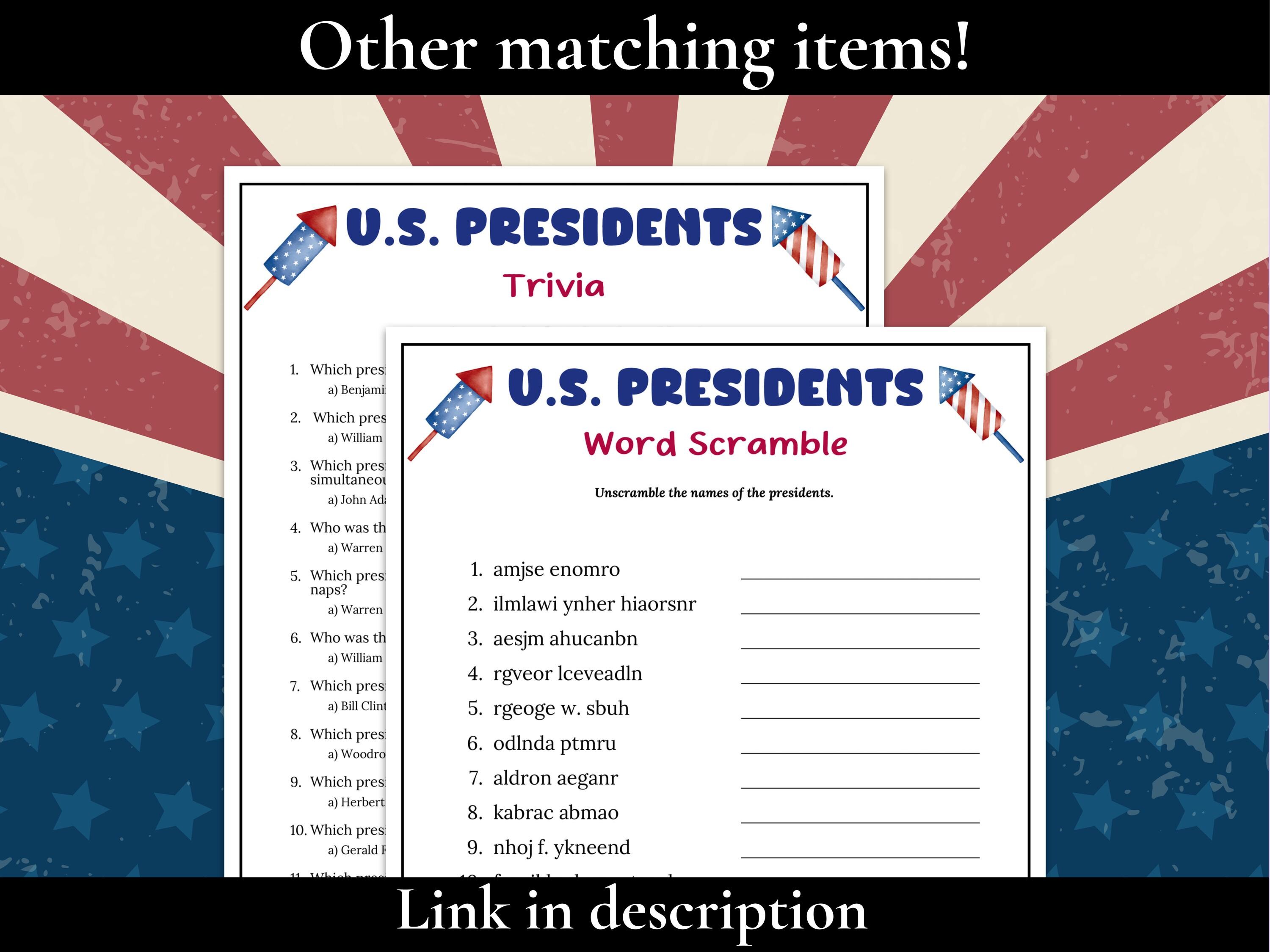 US Presidents Match up Game, Presidents Day Games, Presidents Day ...