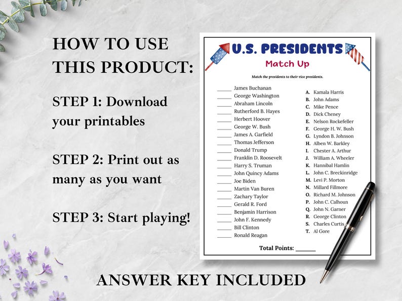 US Presidents Match up Game, Presidents Day Games, Presidents Day ...