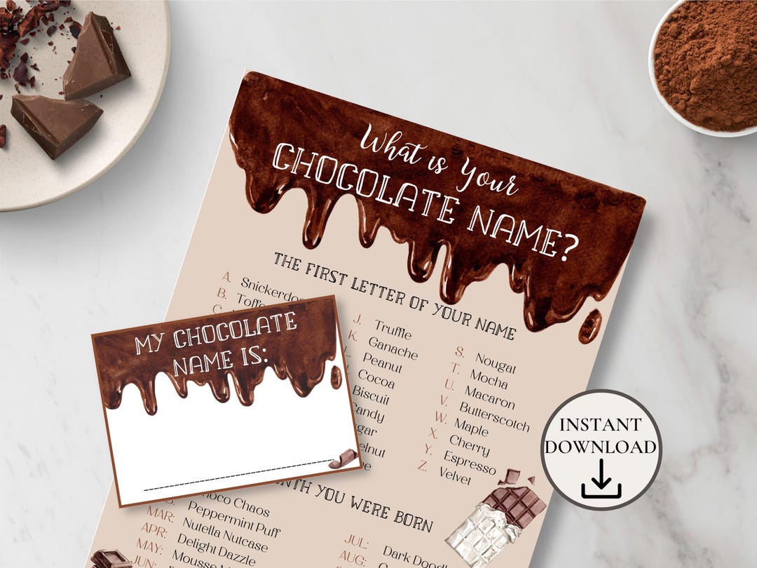 What's Your Chocolate Name Game With Name Tags, Fun Chocolate Party ...