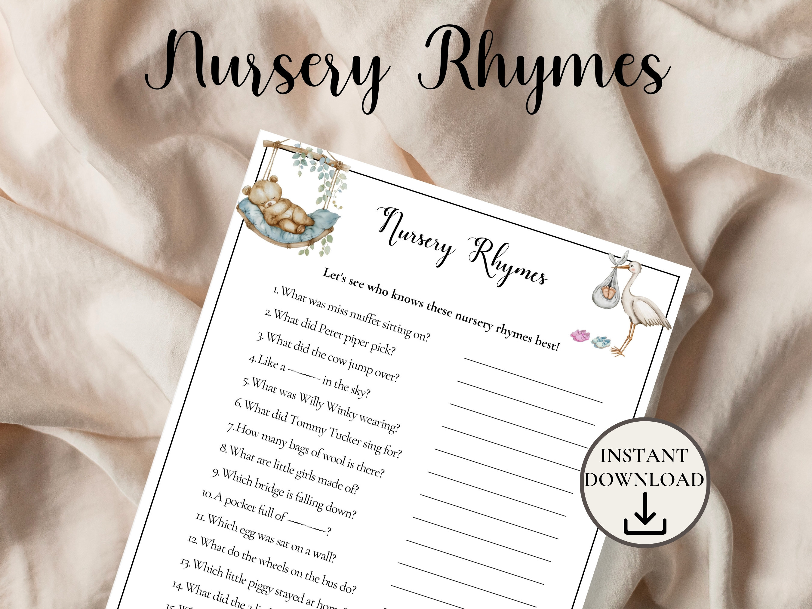 Baby Shower Nursery Rhymes Trivia Game, Baby Shower Printable Games for ...