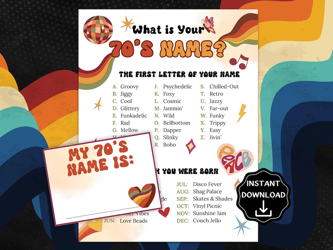 What's Your 70s Name Game With Name Tags, 1970s Birthday Party, 70s ...
