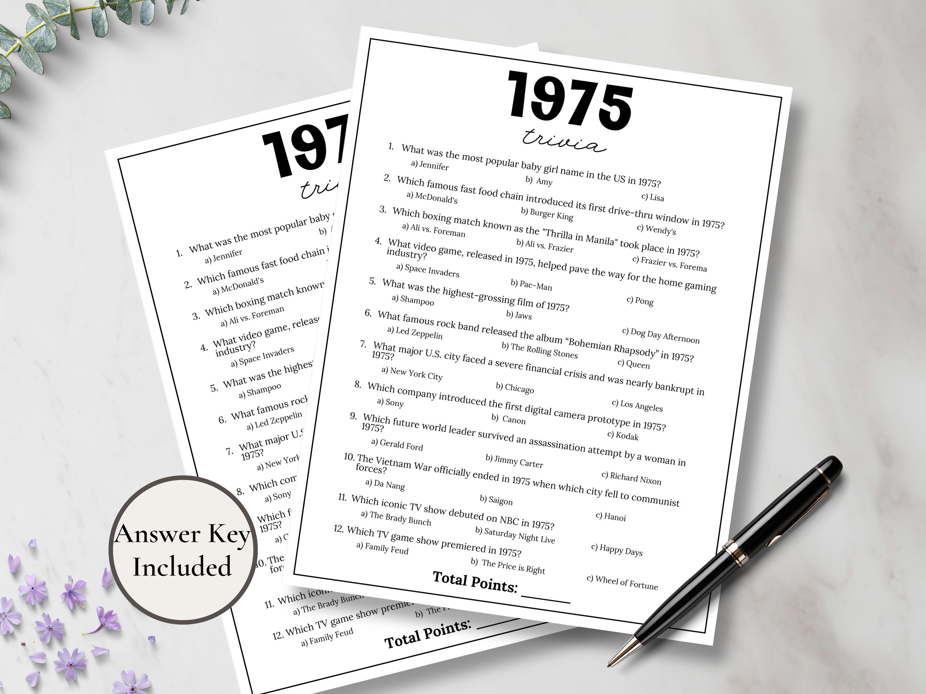 1975 Trivia Game, 50th Birthday Games, Born in 1975 Games, 1975 Class ...