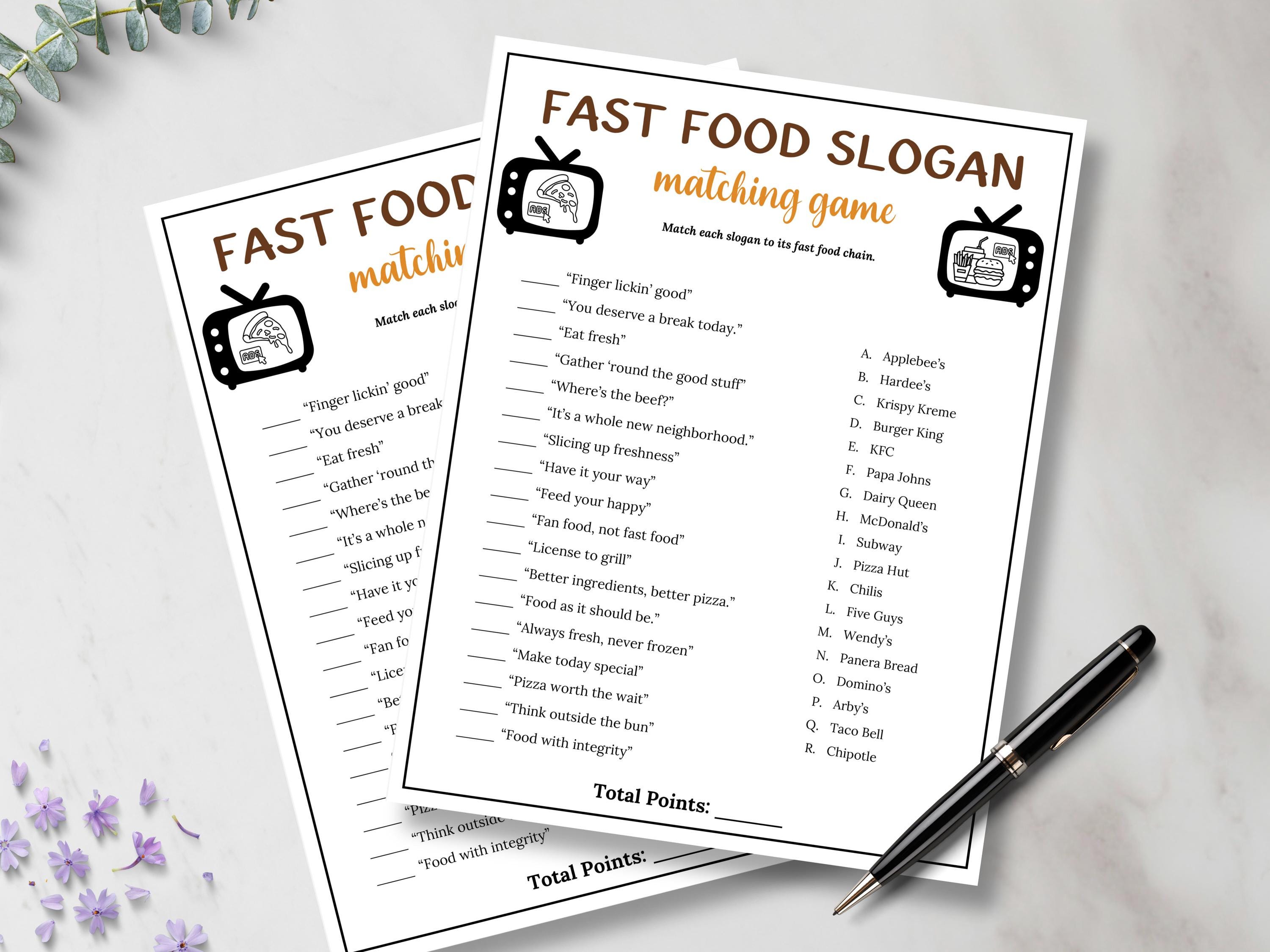 Fast Food Slogan Trivia Game, TV Ad Commercial Slogan Quiz, Family Game ...