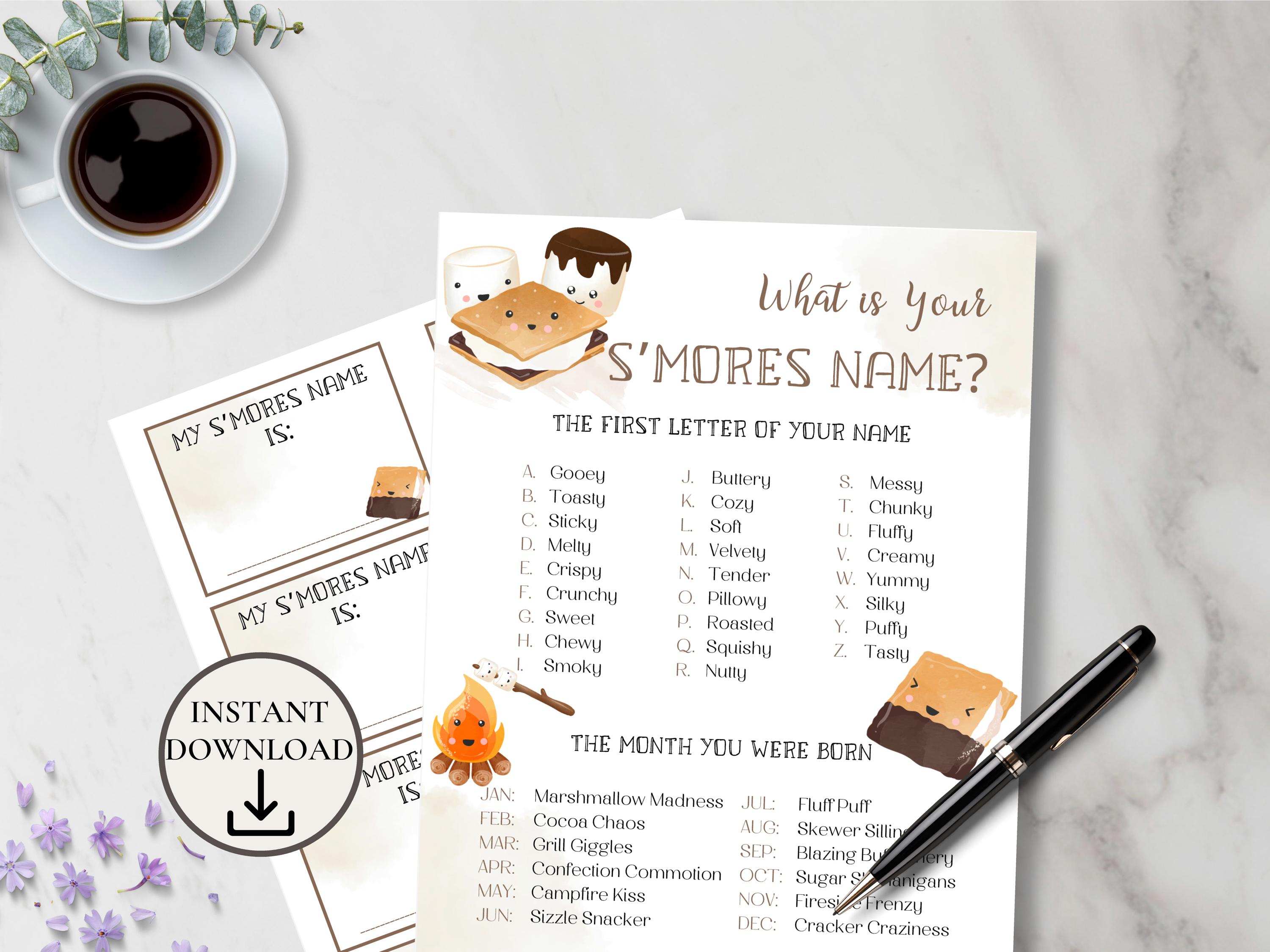 What's Your S'mores Name With Name Tags, Printable S'mores Party Game ...