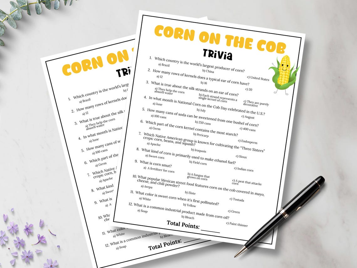 Corn on the Cob Trivia Game, Corn on the Cob Day Activity, Corn Party ...