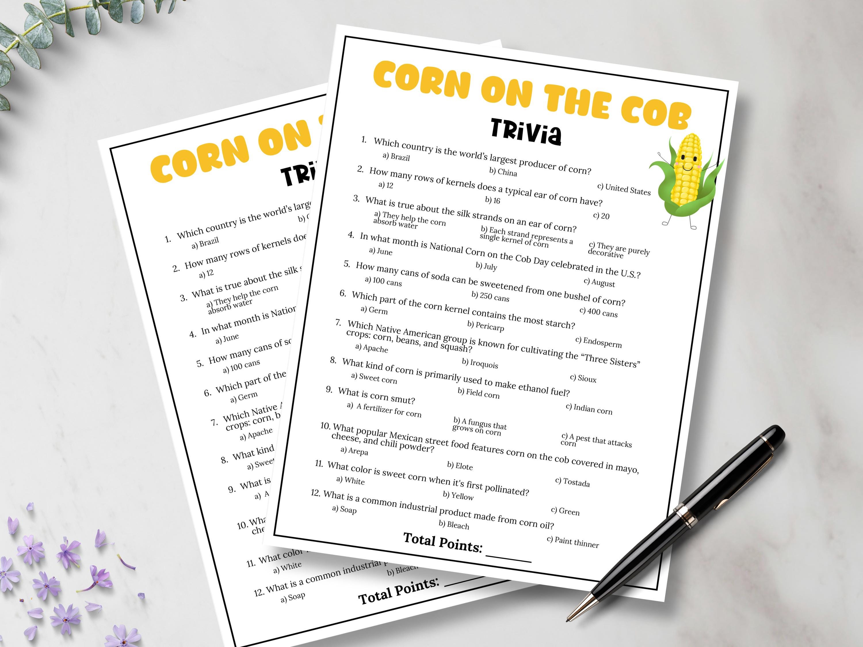 Corn on the Cob Trivia Game, Corn on the Cob Day Activity, Corn Party ...