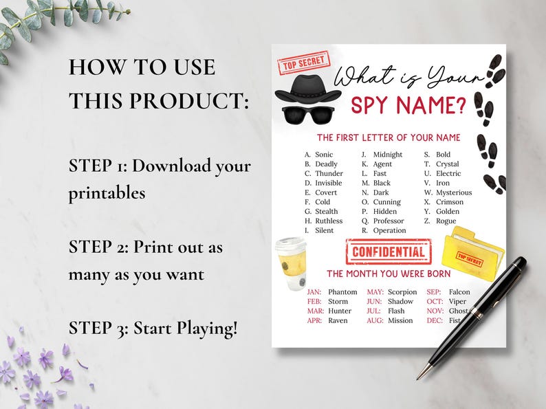 What's Your Spy Name Game With Name Tags, Spy Themed Party Game for ...
