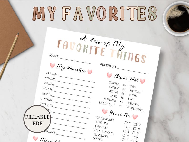 Fillable A Few of My Favorite Things Questionnaire, Coworker Favorites ...