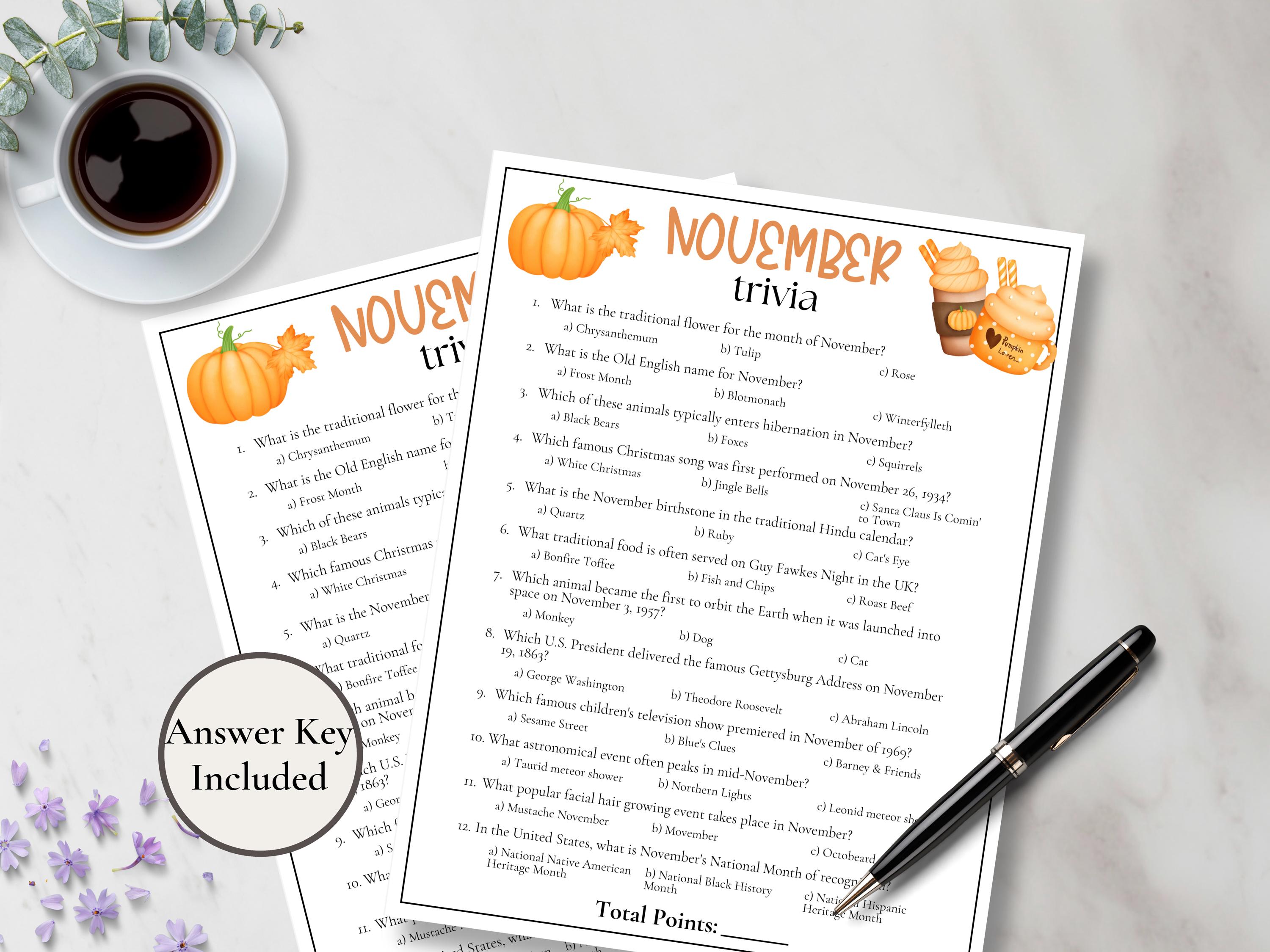 November Trivia Game, Printable Monthly Trivia Game, Family Fall Game ...