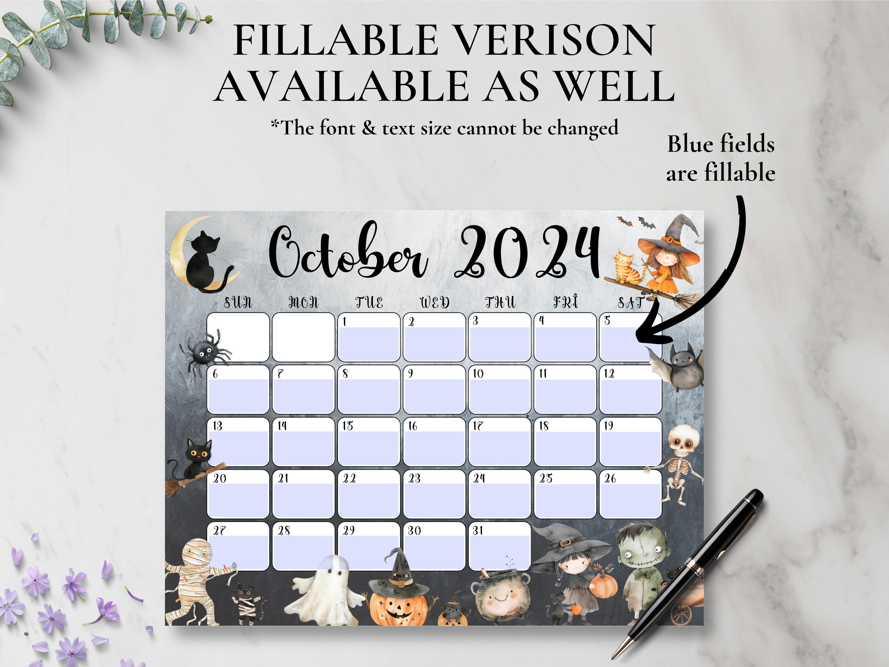 FILLABLE October 2024 Calendar, Printable 2024 Halloween Calendar ...