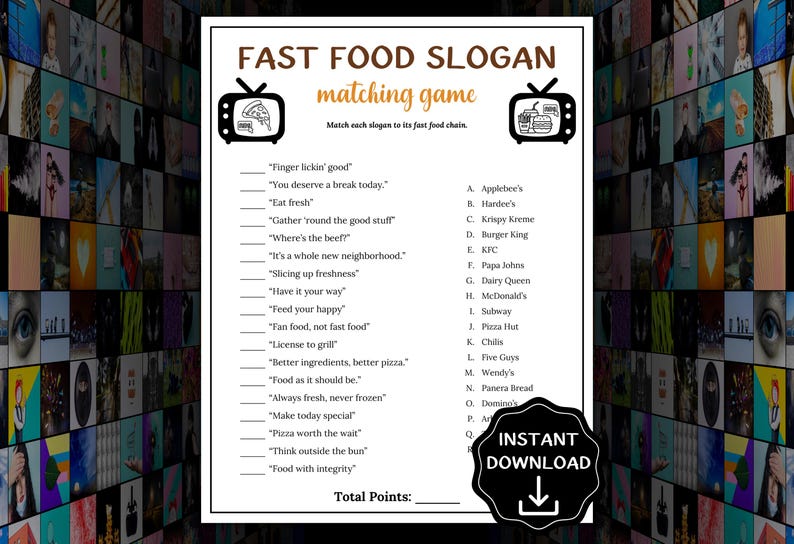 Fast Food Slogan Trivia Game, TV Ad Commercial Slogan Quiz, Family Game ...