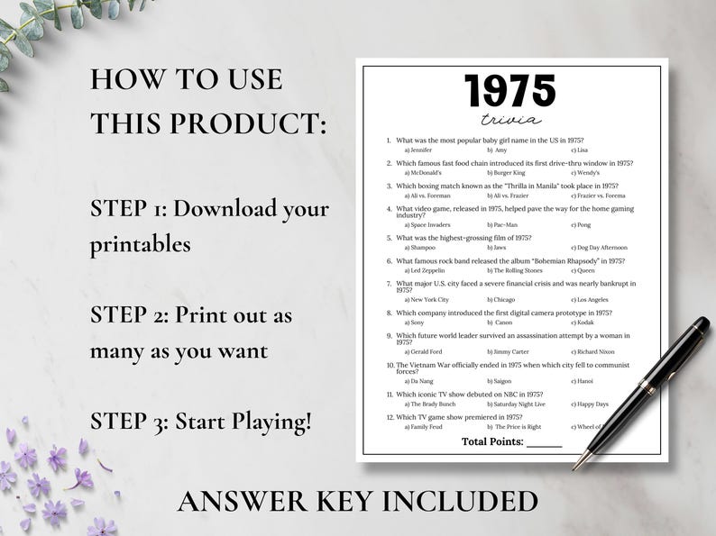 1975 Trivia Game, 50th Birthday Games, Born in 1975 Games, 1975 Class ...