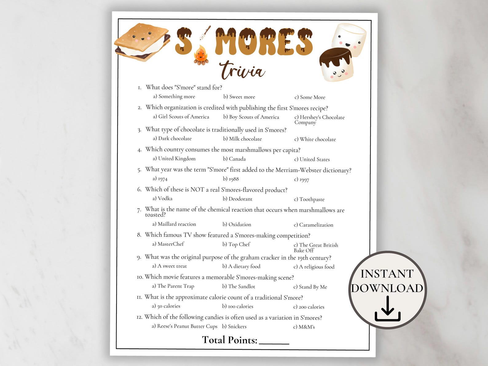 S'mores Trivia Game, S'mores Baby Shower Game, Printable Camping Party ...
