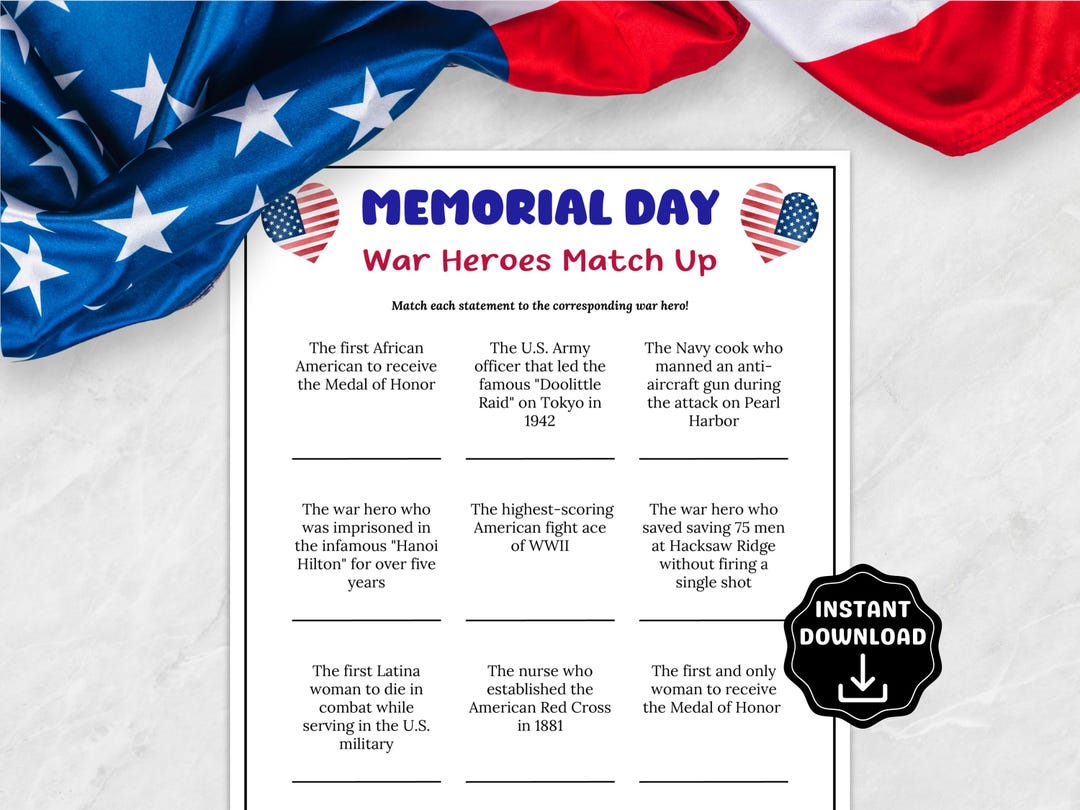 Memorial Day War Heroes Match up Game, Memorial Day Games for the ...