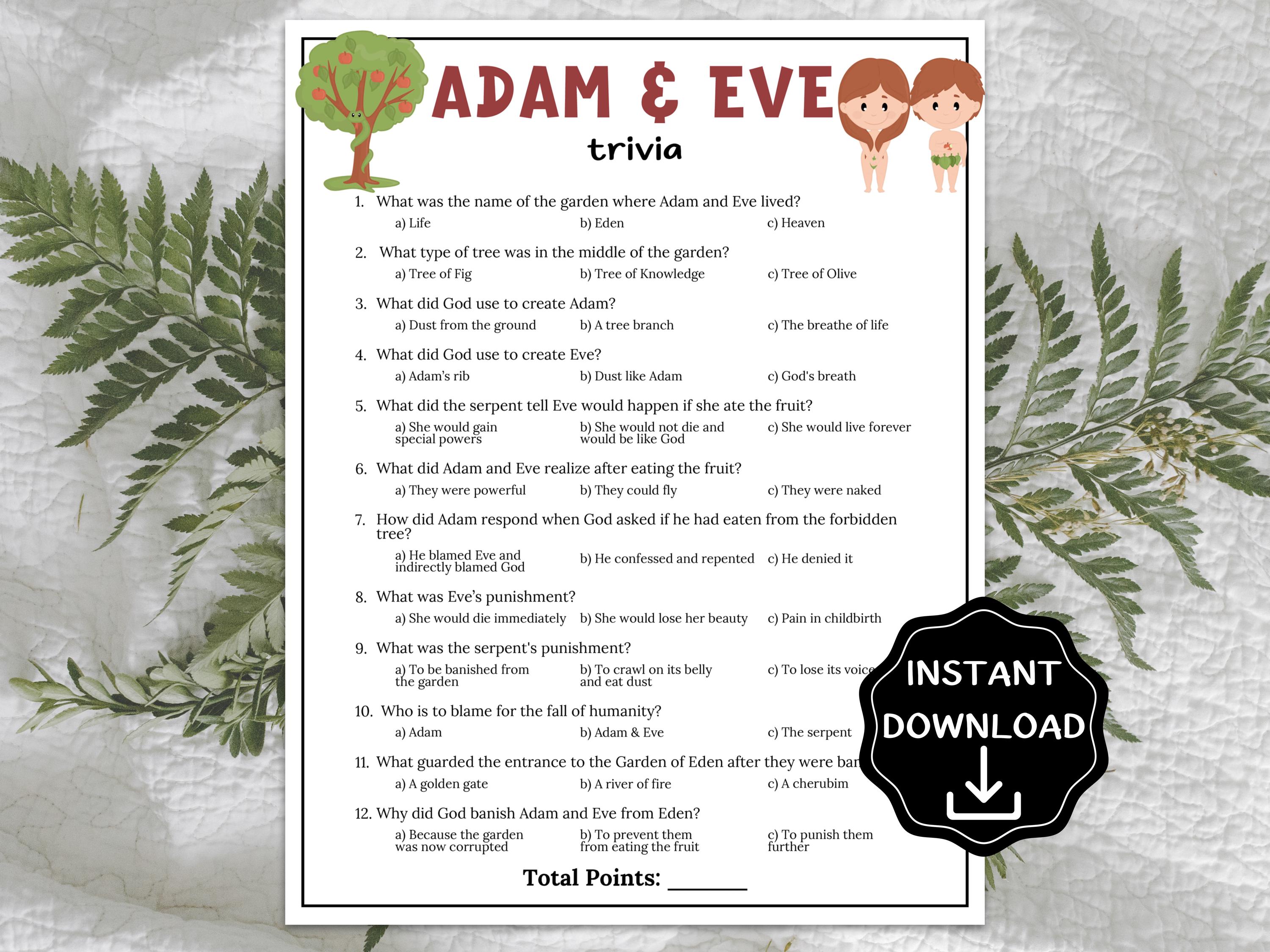 Adam and Eve Trivia Game, Sunday School Bible Games for Kids, Adam and ...