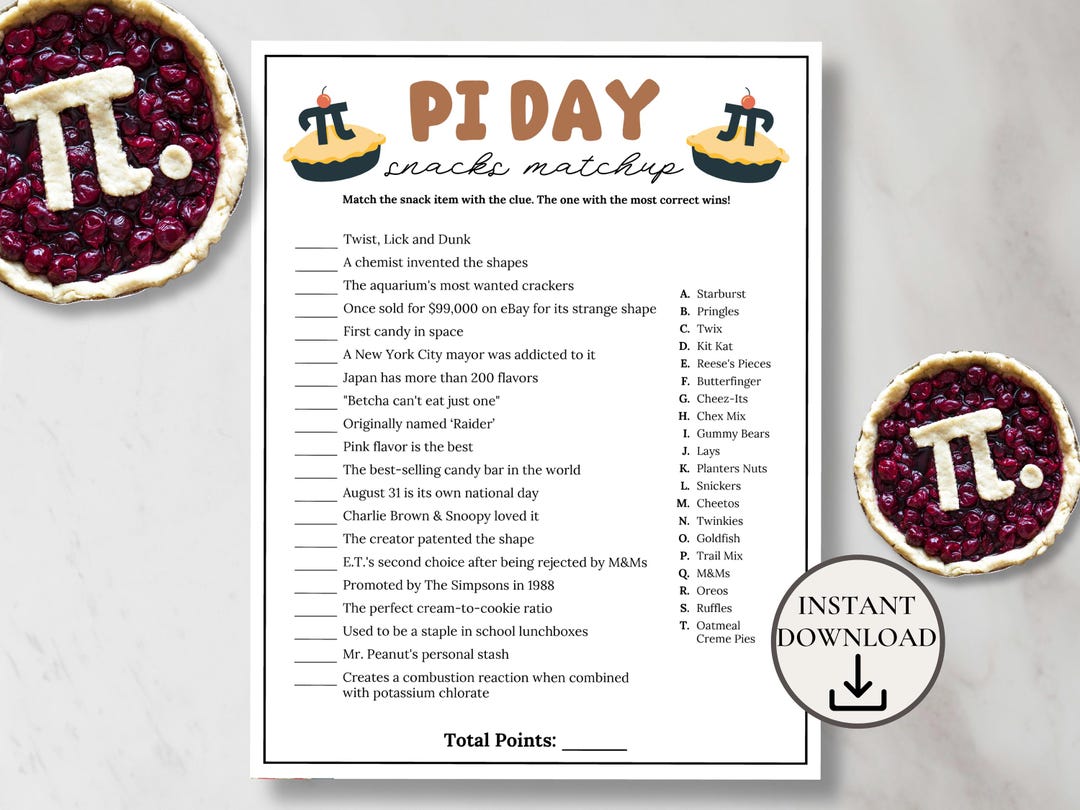 Pi Day Game, Pi Day Snacks Matching Game, Pi Day Activities for Kids & Adults, Pi Day Party, Pi ...