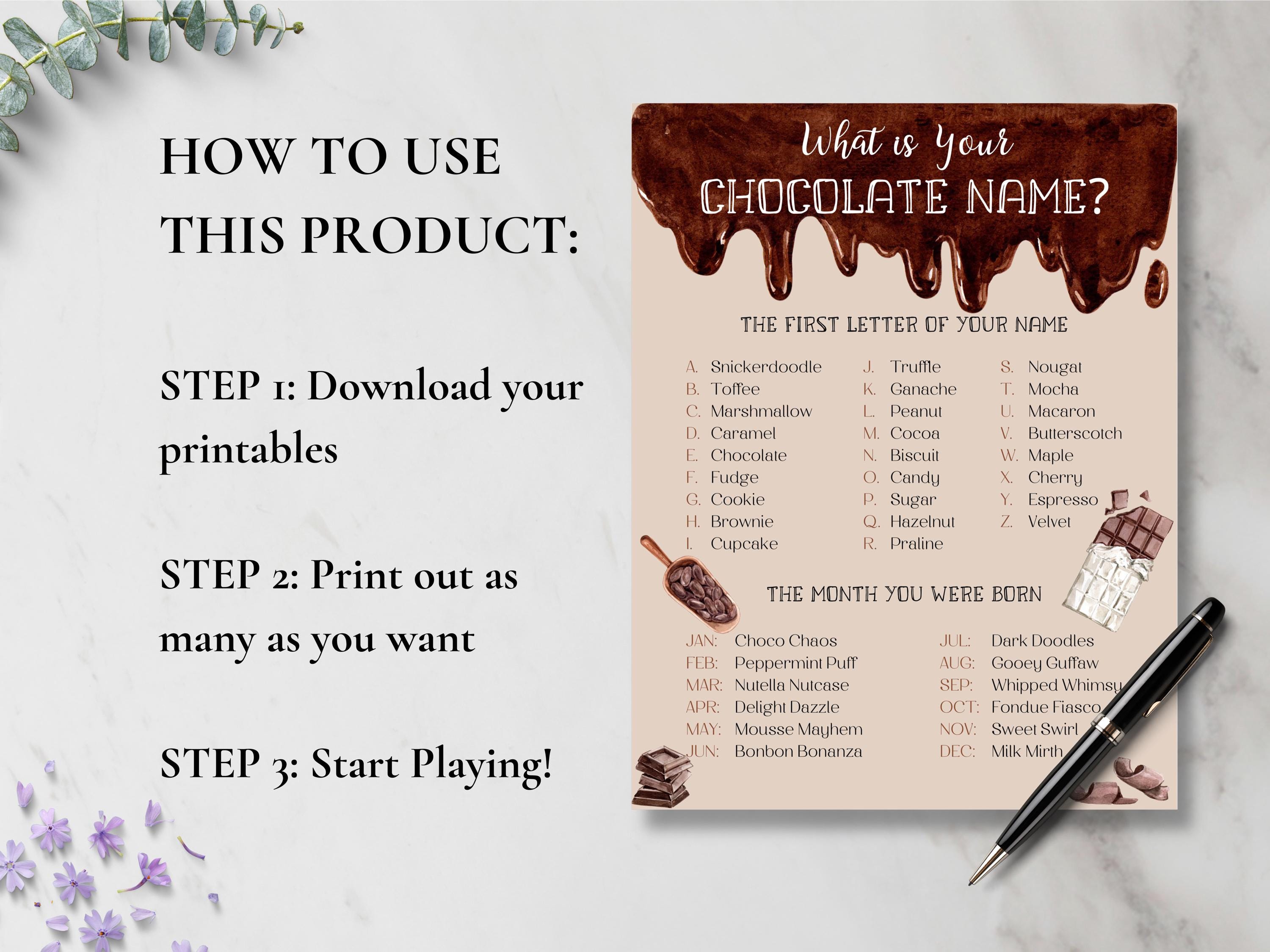 What's Your Chocolate Name Game With Name Tags, Fun Chocolate Party ...