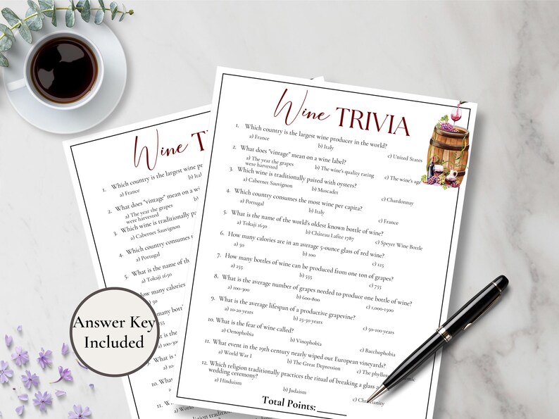 Wine Trivia Game, Wine Tasting Party Game, Printable Wine Themed Trivia ...