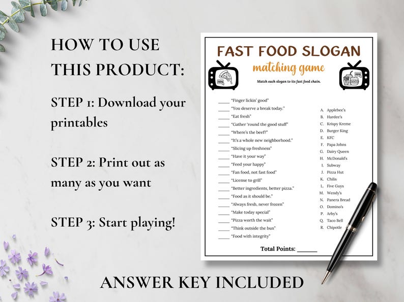 Fast Food Slogan Trivia Game, TV Ad Commercial Slogan Quiz, Family Game ...