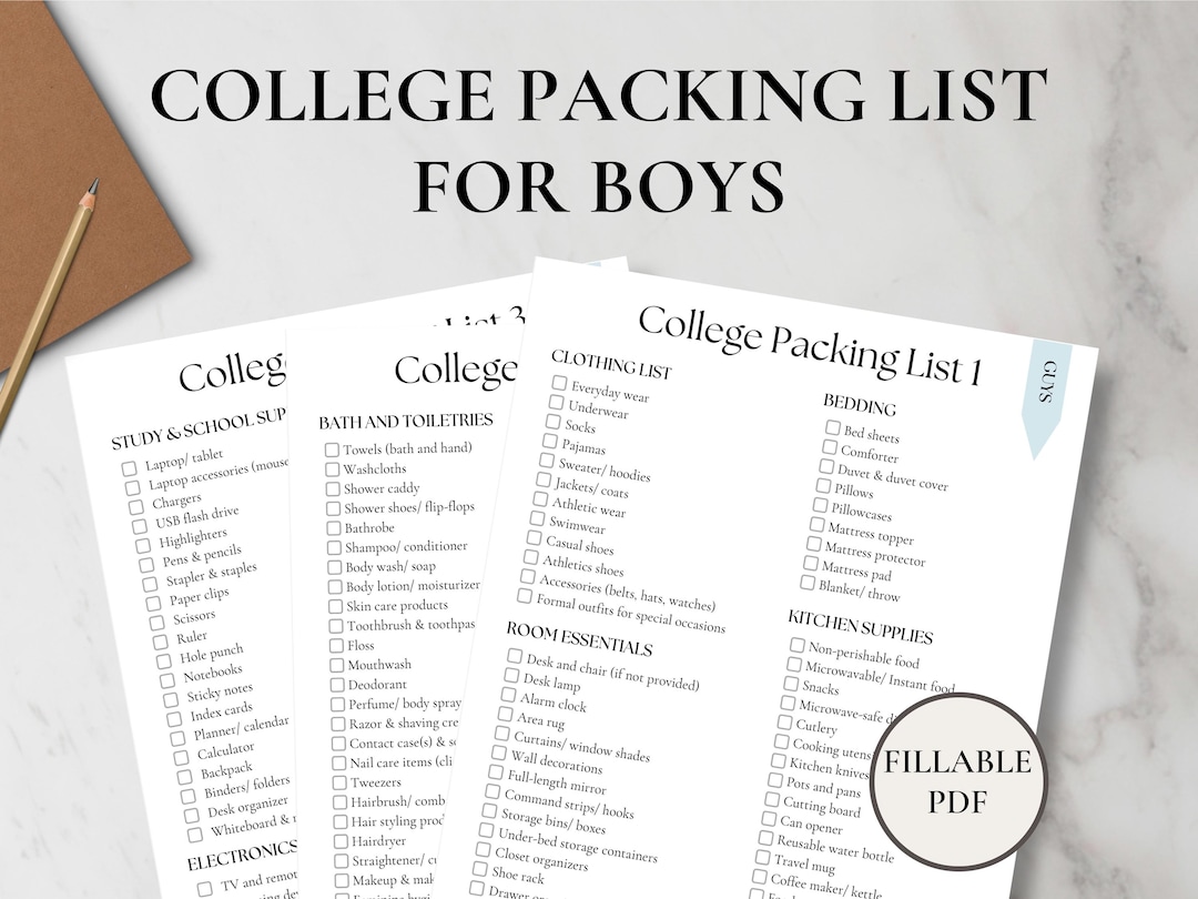 College Packing List for Boys, Moving List for Dorm Essentials, College ...