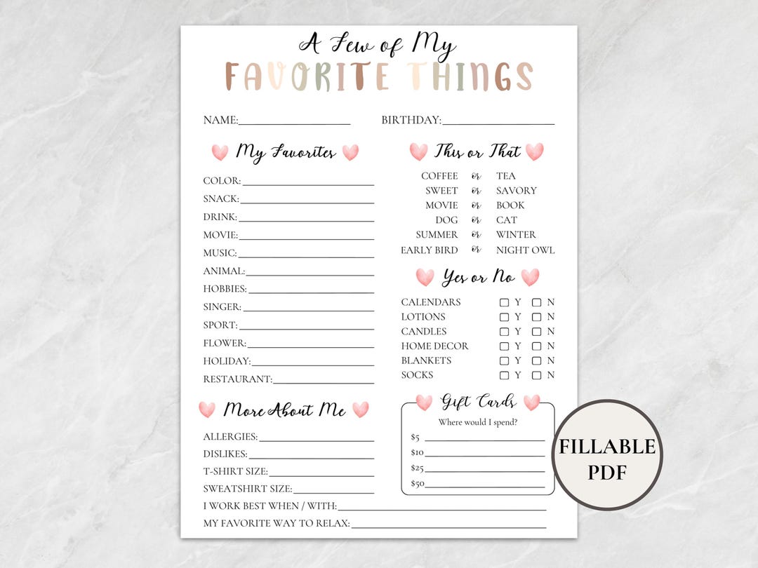 Favorite Things List, Employee Favorite Things List Printable, Get to ...