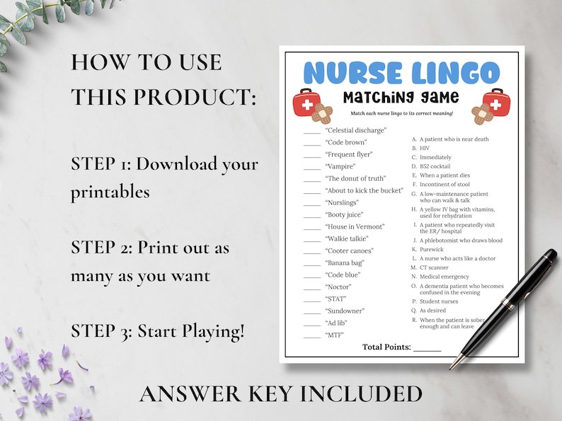 Nurse Party Game, Nurse Slang Matching Game, Nurse Appreciation Week ...