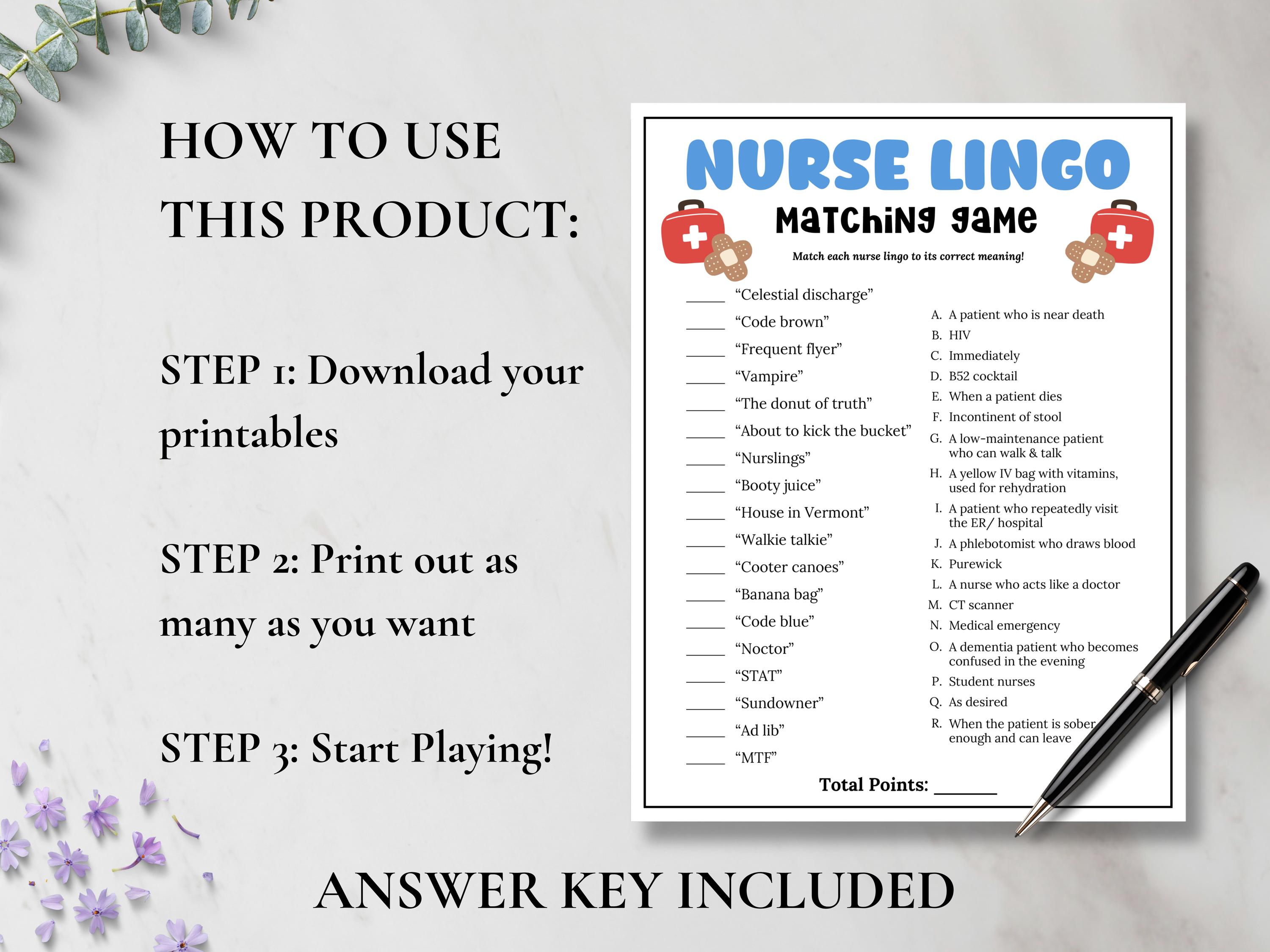 Nurse Party Game, Nurse Slang Matching Game, Nurse Appreciation Week ...