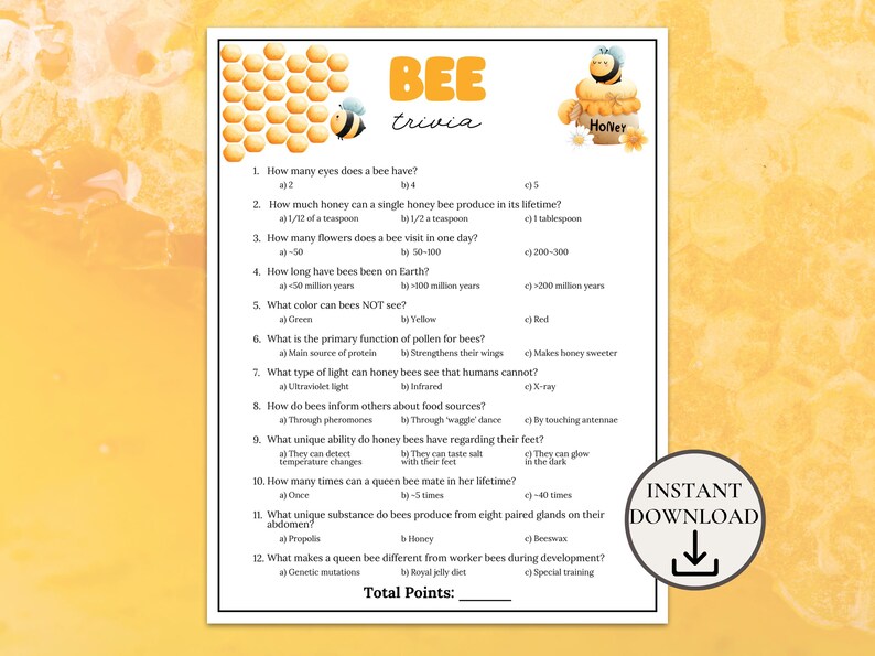 Bee Trivia, Honey Bee Baby Shower Game, Bee Themed Quiz for Beekeeper ...
