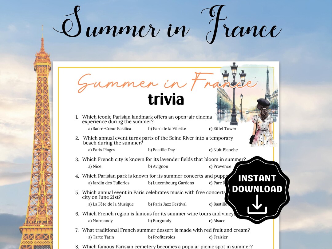 Summer in France Trivia Game, French Party Games for Kids & Adults ...