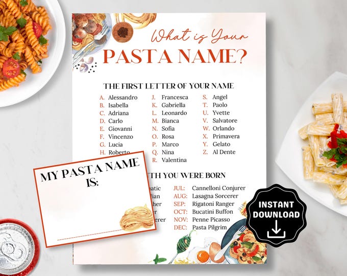 What's Your Pasta Name With Name Tags, Pasta Games for Kids&adults ...