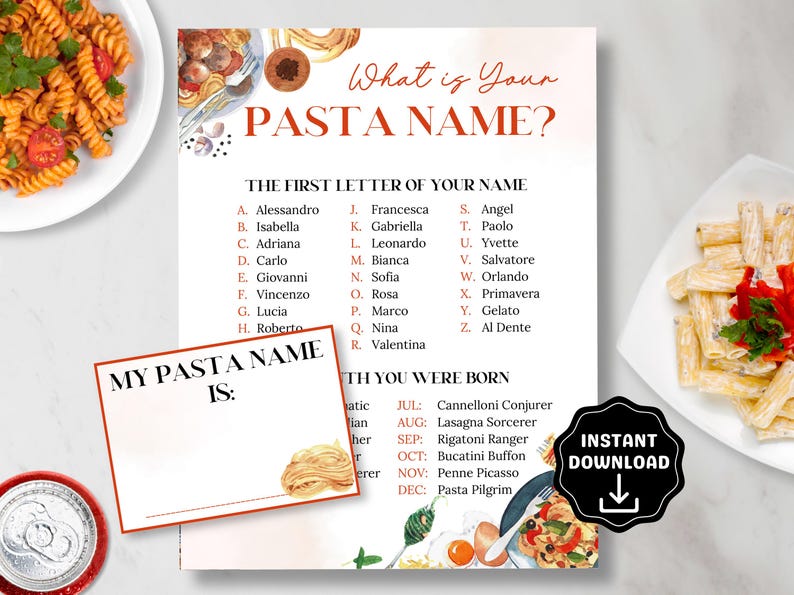 What's Your Pasta Name With Name Tags, Pasta Games for Kids&adults ...