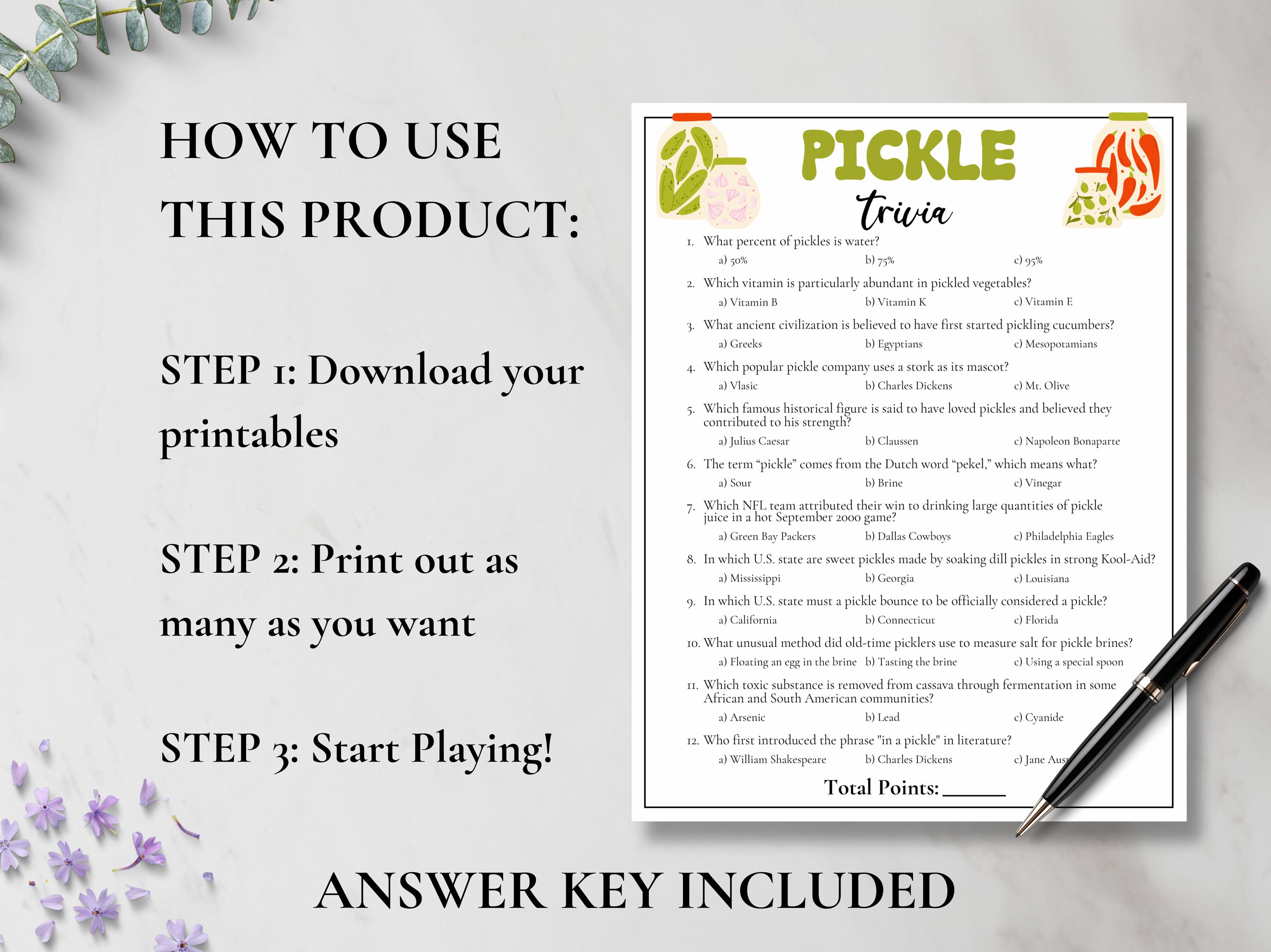 Pickle Trivia Game, Pickle Birthday Game for Kids & Adults, Pickle ...