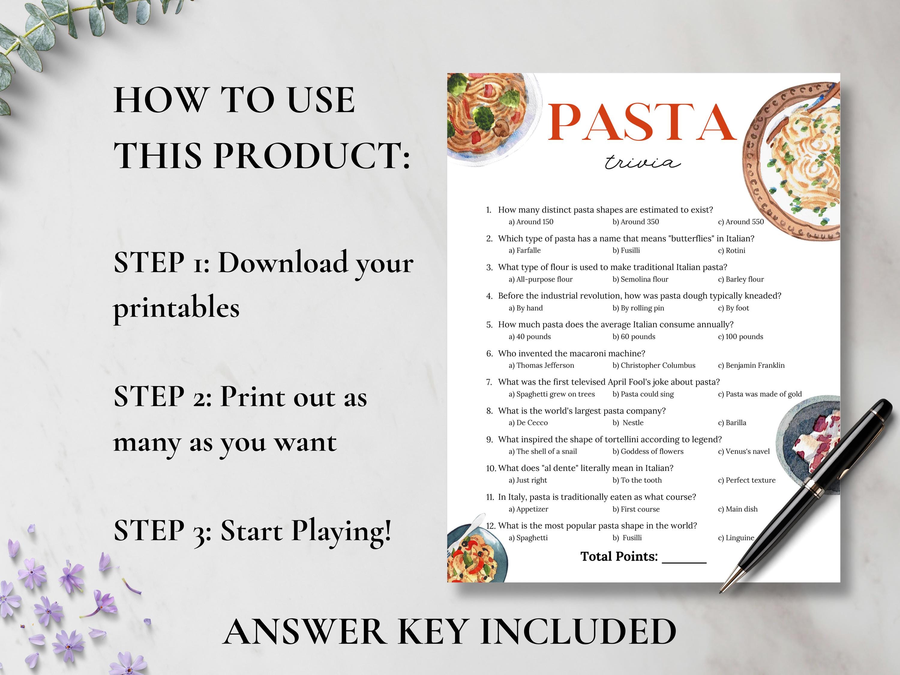 Pasta Trivia, Italian Food Trivia, Pasta Games for Kids & Adults, Pasta ...